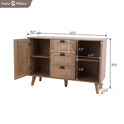 Sophia & William Buffet Sideboard, Rattan Storage Cabinet with 3 Drawers and 2 Doors, Cupboard Console Table with Adjustable Shelves for Kitchen, Dining Room, Living Room, Entryway