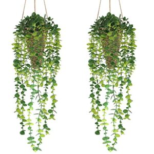 nisoger fake hanging plant with woven basket, 2 pack artificial hanging plants, faux vines eucalyptus leaf hanging pot plant for wall home room indoor outdoor bedroom bathroom office decor