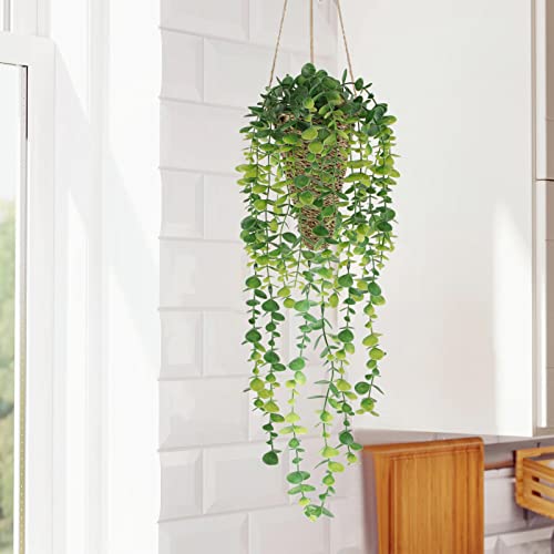 Nisoger Fake Hanging Plant with Woven Basket, 2 Pack Artificial Hanging Plants, Faux Vines Eucalyptus Leaf Hanging Pot Plant for Wall Home Room Indoor Outdoor Bedroom Bathroom Office Decor