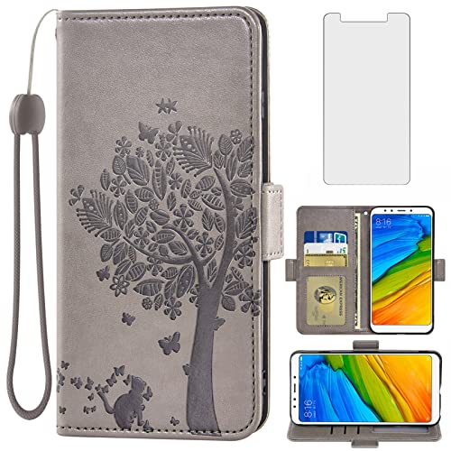 Asuwish Compatible with Xiaomi Redmi 5 Wallet Case and Tempered Glass Screen Protector Flip Purse Accessories Wrist Strap Credit Card Holder Stand Folio Cell Phone Cover for Redmi5 Women Men Gray