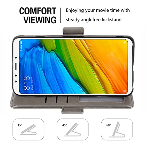 Asuwish Compatible with Xiaomi Redmi 5 Wallet Case and Tempered Glass Screen Protector Flip Purse Accessories Wrist Strap Credit Card Holder Stand Folio Cell Phone Cover for Redmi5 Women Men Gray