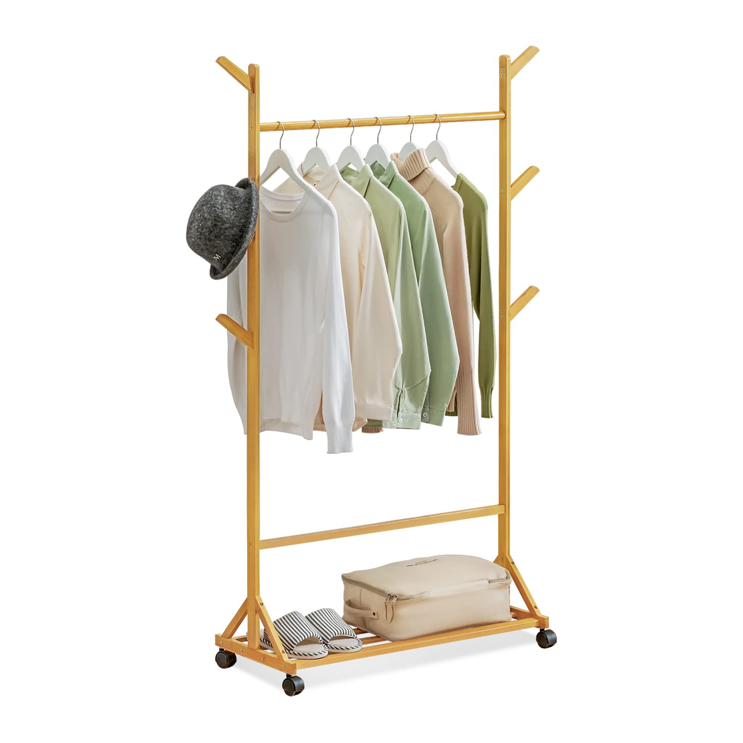 MoNiBloom Bamboo Garment Racks with Wheels 2-in-1 Freestanding Rolling Clothes Rack with Bottom Storage Shelf Closet Organizer with 6 Side Hooks for Hanging Clothes Hats Scarves, Natural