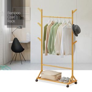 MoNiBloom Bamboo Garment Racks with Wheels 2-in-1 Freestanding Rolling Clothes Rack with Bottom Storage Shelf Closet Organizer with 6 Side Hooks for Hanging Clothes Hats Scarves, Natural