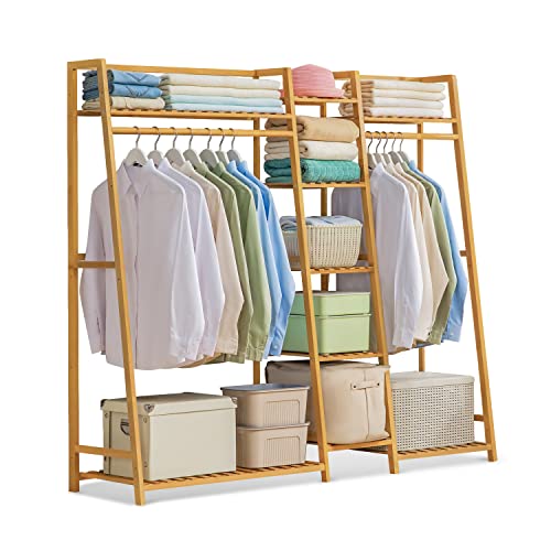 MoNiBloom Bamboo Trapezoid Clothing Rack with 5-Tier Storage Shelves Multi-Functional Clothes Rack, Clothes Hanging Rack Stand for Bedroom Living Room, Natural