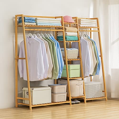 MoNiBloom Bamboo Trapezoid Clothing Rack with 5-Tier Storage Shelves Multi-Functional Clothes Rack, Clothes Hanging Rack Stand for Bedroom Living Room, Natural