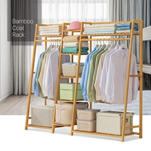 MoNiBloom Bamboo Trapezoid Clothing Rack with 5-Tier Storage Shelves Multi-Functional Clothes Rack, Clothes Hanging Rack Stand for Bedroom Living Room, Natural