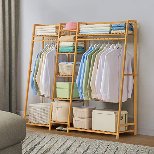 MoNiBloom Bamboo Trapezoid Clothing Rack with 5-Tier Storage Shelves Multi-Functional Clothes Rack, Clothes Hanging Rack Stand for Bedroom Living Room, Natural