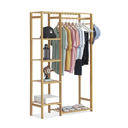 MoNiBloom Bamboo Garment Rack with Shelves 6 Tier Closet Coat Storage Organizer Clothes Hanging Rack with Pants Rack & Hooks for Bedroom Living Room Office Mudroom, Natural