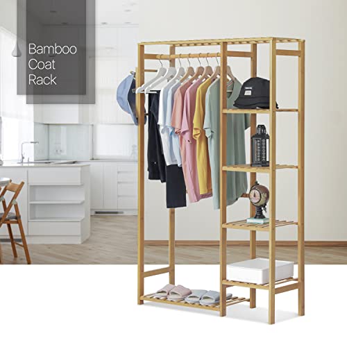 MoNiBloom Bamboo Garment Rack with Shelves 6 Tier Closet Coat Storage Organizer Clothes Hanging Rack with Pants Rack & Hooks for Bedroom Living Room Office Mudroom, Natural