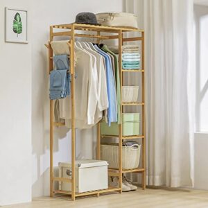 MoNiBloom Bamboo Garment Rack with Shelves 6 Tier Closet Coat Storage Organizer Clothes Hanging Rack with Pants Rack & Hooks for Bedroom Living Room Office Mudroom, Natural