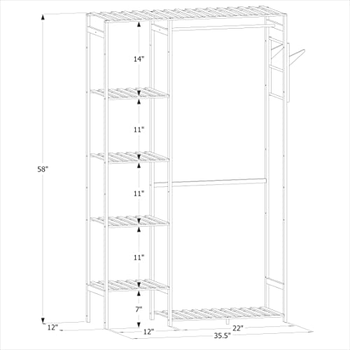 MoNiBloom Bamboo Garment Rack with Shelves 6 Tier Closet Coat Storage Organizer Clothes Hanging Rack with Pants Rack & Hooks for Bedroom Living Room Office Mudroom, Natural