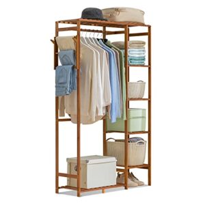 monibloom bamboo garment rack with shelves 6 tier closet coat storage organizer clothes hanging rack with pants rack & hooks for bedroom, living room, office, mudroom, brown