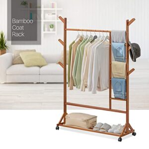 MoNiBloom Clothes Rack with Wheels, Bamboo 2-in-1 Freestanding Rolling Garment Rack Closet with Bottom Storage Shelf with 6 Side Hooks & 5 Pants Racks for Bedroom Laundry room, Brown