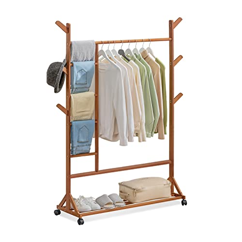 MoNiBloom Clothes Rack with Wheels, Bamboo 2-in-1 Freestanding Rolling Garment Rack Closet with Bottom Storage Shelf with 6 Side Hooks & 5 Pants Racks for Bedroom Laundry room, Brown