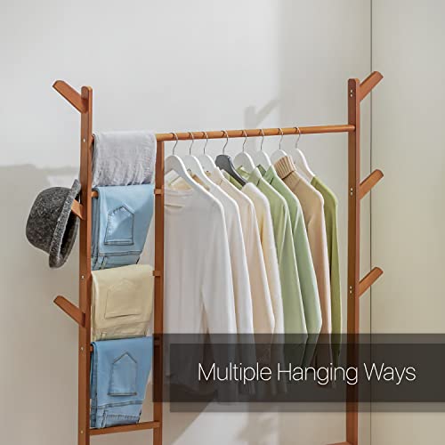 MoNiBloom Clothes Rack with Wheels, Bamboo 2-in-1 Freestanding Rolling Garment Rack Closet with Bottom Storage Shelf with 6 Side Hooks & 5 Pants Racks for Bedroom Laundry room, Brown