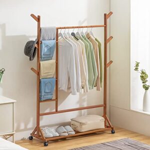 MoNiBloom Clothes Rack with Wheels, Bamboo 2-in-1 Freestanding Rolling Garment Rack Closet with Bottom Storage Shelf with 6 Side Hooks & 5 Pants Racks for Bedroom Laundry room, Brown