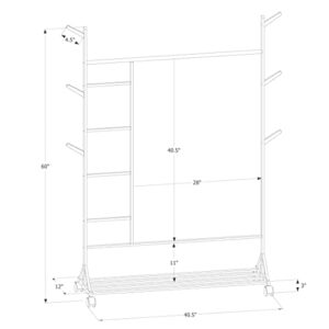 MoNiBloom Clothes Rack with Wheels, Bamboo 2-in-1 Freestanding Rolling Garment Rack Closet with Bottom Storage Shelf with 6 Side Hooks & 5 Pants Racks for Bedroom Laundry room, Brown