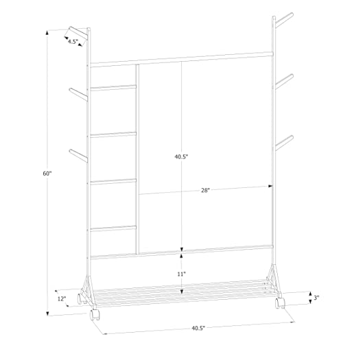 MoNiBloom Clothes Rack with Wheels, Bamboo 2-in-1 Freestanding Rolling Garment Rack Closet with Bottom Storage Shelf with 6 Side Hooks & 5 Pants Racks for Bedroom Laundry room, Brown