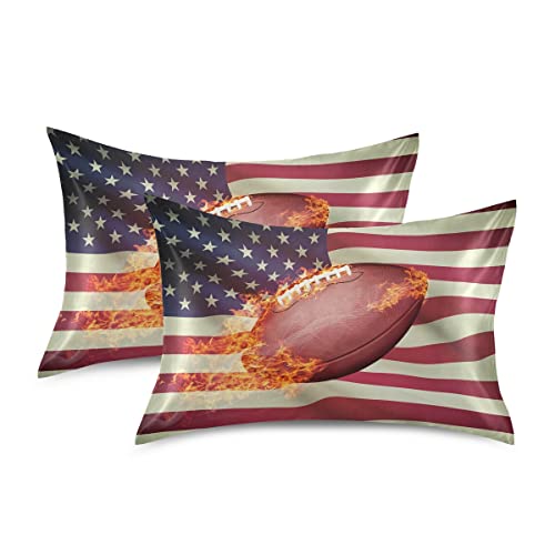 American Flag Football Fire Satin Pillowcase Silk Pillow Case for Hair and Skin Pillow Covers with Envelope Closure,Standard Size 20x26 Inch