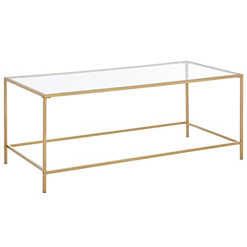 mDesign Glass Top Coffee Table - Large Minimalistic Rectangular Geometric Metal Accent Furniture Unit for Living Room, Basement, Home Office, Garage, and Bedroom - Soft Brass