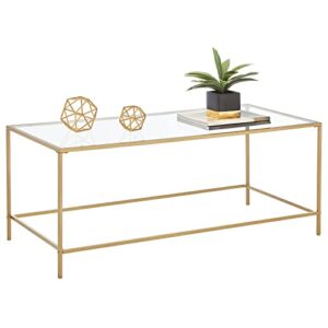 mDesign Glass Top Coffee Table - Large Minimalistic Rectangular Geometric Metal Accent Furniture Unit for Living Room, Basement, Home Office, Garage, and Bedroom - Soft Brass