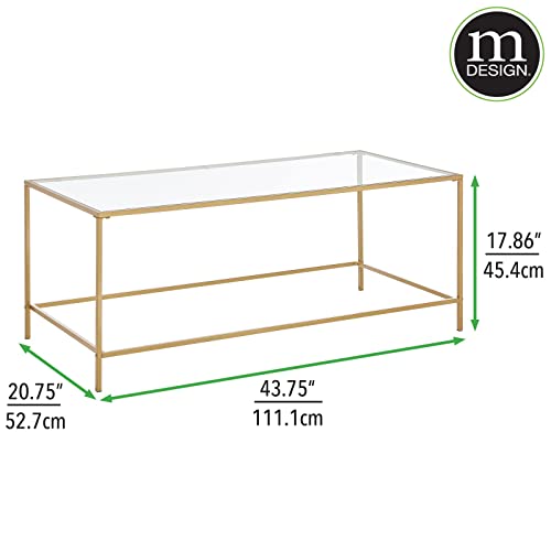 mDesign Glass Top Coffee Table - Large Minimalistic Rectangular Geometric Metal Accent Furniture Unit for Living Room, Basement, Home Office, Garage, and Bedroom - Soft Brass