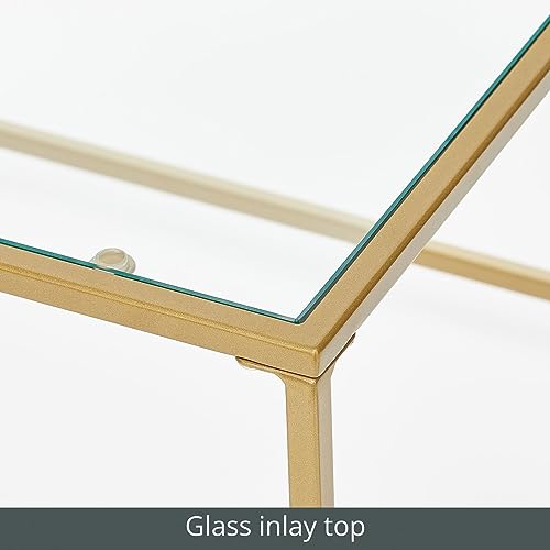 mDesign Glass Top Coffee Table - Large Minimalistic Rectangular Geometric Metal Accent Furniture Unit for Living Room, Basement, Home Office, Garage, and Bedroom - Soft Brass