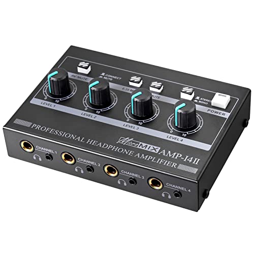 Headphone Amplifier, YGiTK 4 Channels Mono/Stereo Metal Stereo Headphone Amps-4x Quarter Inch and 8X Quarter Inch TRS Headphones Output and 1/4" & 1/8"& AV Audio Input(Including Audio Cable)