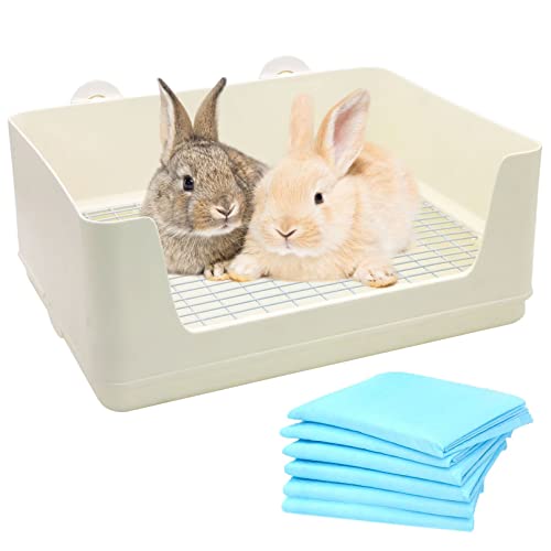 Fhiny Large Rabbit Litter Box for Cage, Plastic Potty Trainer Corner Toilet Box with Disposable Pee Pads for Bunny Guinea Pigs Ferrets Chinchillas Small Animals