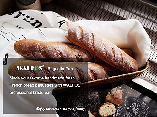 Walfos 2 Pack Nonstick Baguette Pans, No Coating Coming Off, Perforated 4 Loaves French Bread Pan, Durable Baguettes Bakery Tray for Baking Molding, 15" x 13"