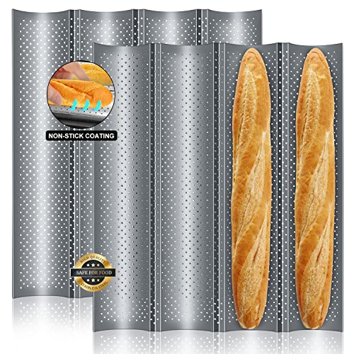 Walfos 2 Pack Nonstick Baguette Pans, No Coating Coming Off, Perforated 4 Loaves French Bread Pan, Durable Baguettes Bakery Tray for Baking Molding, 15" x 13"