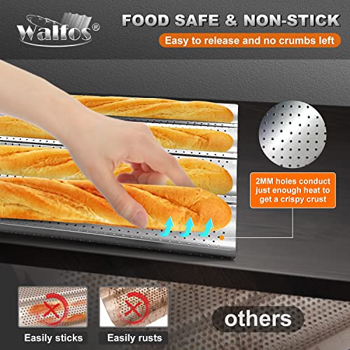 Walfos 2 Pack Nonstick Baguette Pans, No Coating Coming Off, Perforated 4 Loaves French Bread Pan, Durable Baguettes Bakery Tray for Baking Molding, 15" x 13"