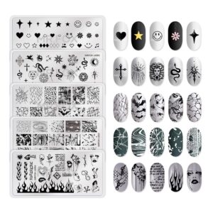 mrfox 5 pcs nail plates stamping set marbled punk spider web heart star theme leaf nail art diy stamping template