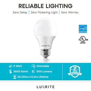 LUXRITE A19 LED Bulb 60W Equivalent, 3500K Natural White, 800 Lumens, Dimmable Standard LED Light Bulbs 9W, Enclosed Fixture Rated, Energy Star, E26 Medium Base - Indoor and Outdoor (4 Pack)