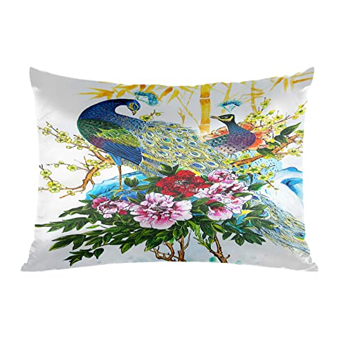 Satin Pillowcase for Hair and Skin, Classical Flower Peacock Silk Pillowcase Standard Size Silky Pillowcases with Zipper Slip Cooling Satin Pillow Cases Pillow Cover (20x26 Inches)