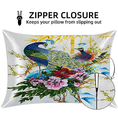 Satin Pillowcase for Hair and Skin, Classical Flower Peacock Silk Pillowcase Standard Size Silky Pillowcases with Zipper Slip Cooling Satin Pillow Cases Pillow Cover (20x26 Inches)