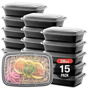 promoze 15-pack meal prep plastic microwavable food containers with tight safety lid covers (28 oz.) - black rectangular reusable storage lunch boxes - bpa-free food grade - freezer & dishwasher safe