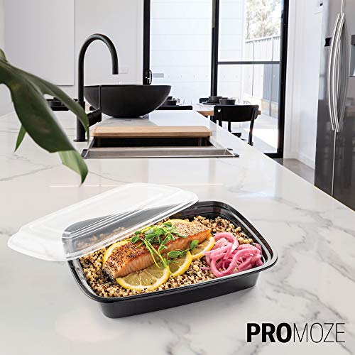 PROMOZE 15-Pack Meal Prep Plastic Microwavable Food Containers with Tight Safety Lid Covers (28 oz.) - Black Rectangular Reusable Storage Lunch Boxes - BPA-Free Food Grade - Freezer & Dishwasher Safe