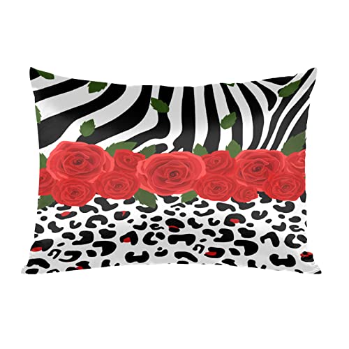 Satin Pillowcase for Hair and Skin Leopard Zebra Print Rose Silk Pillowcase with Zipper, Soft Silky Pillow Cover Standard Size (20x26 Inches), Slip Cooling Satin Pillow Cases