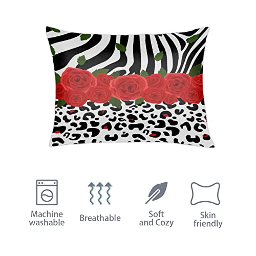 Satin Pillowcase for Hair and Skin Leopard Zebra Print Rose Silk Pillowcase with Zipper, Soft Silky Pillow Cover Standard Size (20x26 Inches), Slip Cooling Satin Pillow Cases