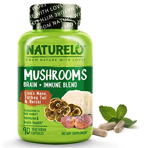 NATURELO Mushroom Supplement – Brain & Immune Health Blend with Lion’s Mane, Reishi, Turkey Tail – 90 Vegan Friendly Capsules