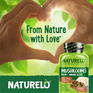 NATURELO Mushroom Supplement – Brain & Immune Health Blend with Lion’s Mane, Reishi, Turkey Tail – 90 Vegan Friendly Capsules