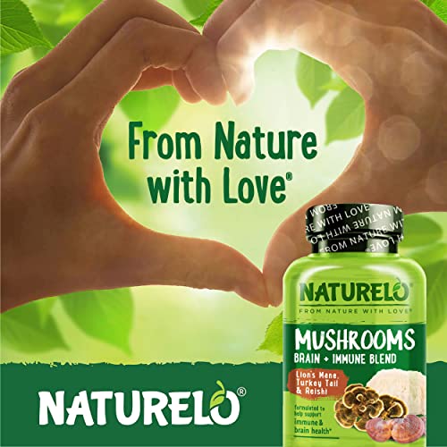 NATURELO Mushroom Supplement – Brain & Immune Health Blend with Lion’s Mane, Reishi, Turkey Tail – 90 Vegan Friendly Capsules