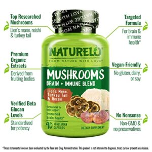 NATURELO Mushroom Supplement – Brain & Immune Health Blend with Lion’s Mane, Reishi, Turkey Tail – 90 Vegan Friendly Capsules