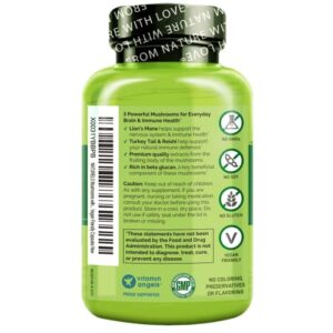 NATURELO Mushroom Supplement – Brain & Immune Health Blend with Lion’s Mane, Reishi, Turkey Tail – 90 Vegan Friendly Capsules