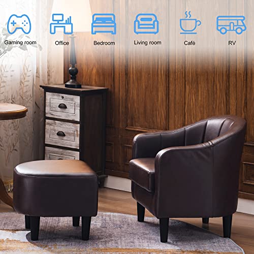 MCombo Modern Accent Club Chair, Tub Barrel Chair with Ottoman, Faux Leather Armchair, for Living Room Small Space 4022 (Brown)