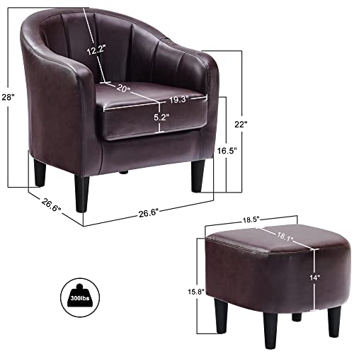 MCombo Modern Accent Club Chair, Tub Barrel Chair with Ottoman, Faux Leather Armchair, for Living Room Small Space 4022 (Brown)