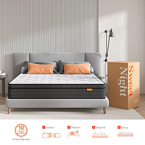 Sweetnight King Mattress, 10 Inch Pillow Top Hybrid King Size Mattress, Gel Memory Foam with Pocketed Spring Mattress in a Box for Cool Sleep and Balance Support