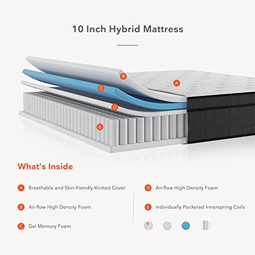 Sweetnight King Mattress, 10 Inch Pillow Top Hybrid King Size Mattress, Gel Memory Foam with Pocketed Spring Mattress in a Box for Cool Sleep and Balance Support