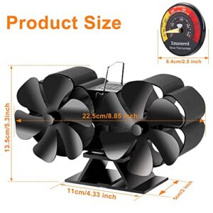 Xmasneed Wood Stove Fan Heat Powered, 12 Blade Fireplace Fan Non-Electric, Thermoelectric Fan EcoFan for Wood Burning Stove/Pellet/Log Burner (with Accessories Magnetic Thermometer), Dual Motors